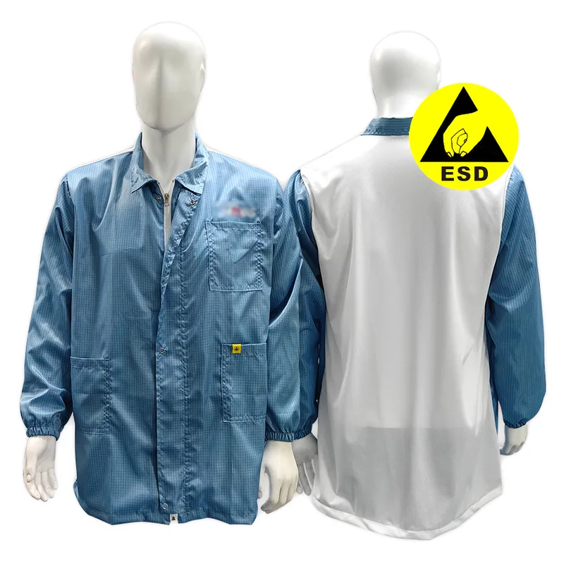 Cleanroom ESD Antistatic Jacket With A Lapel Zipper White Mesh Back ...